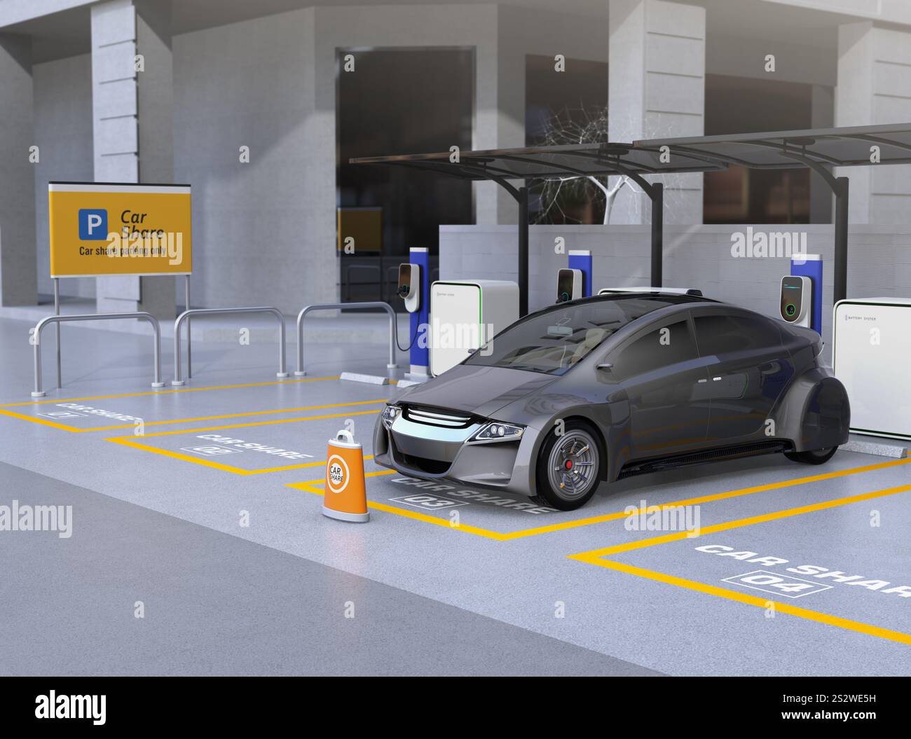 Unmanned electric vehicle parked in a dedicated car-sharing parking lot ...