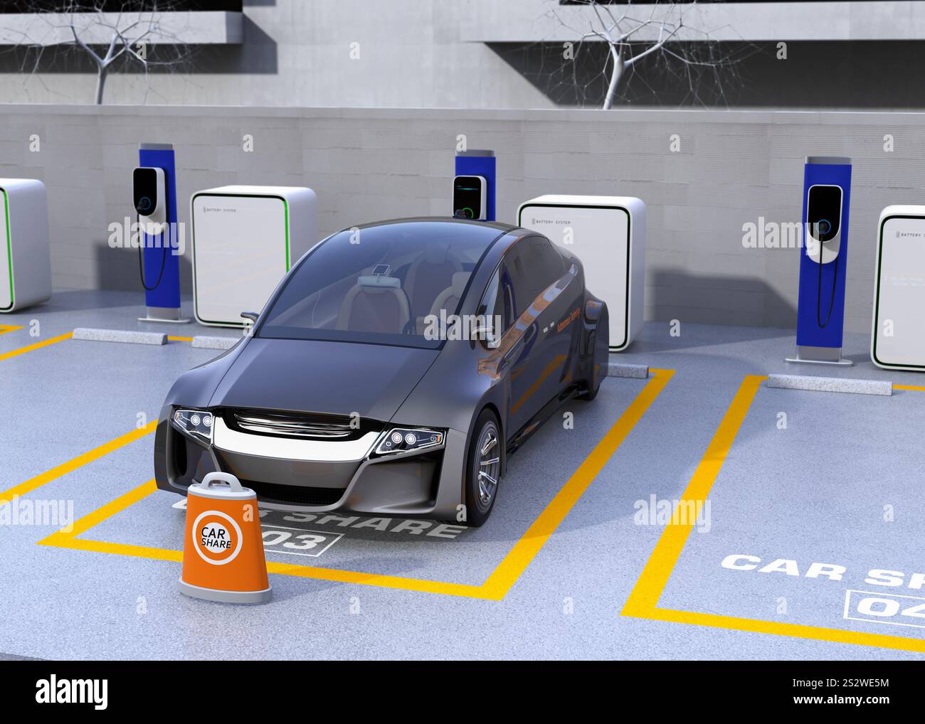 Unmanned electric vehicle parked in a dedicated car-sharing parking lot ...