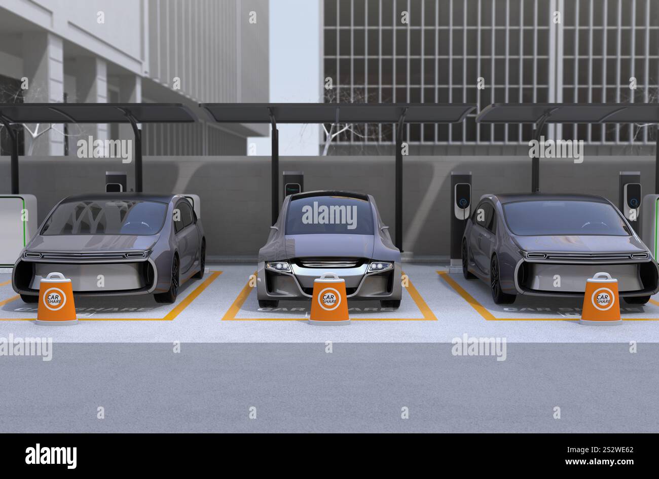 Unmanned electric vehicle parked in a dedicated car-sharing parking lot ...