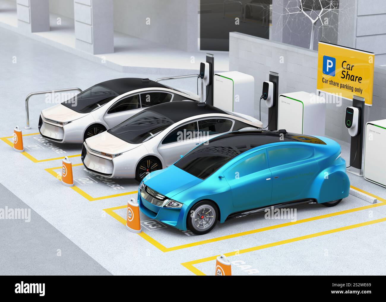 Unmanned electric vehicle parked in a dedicated car-sharing parking lot ...