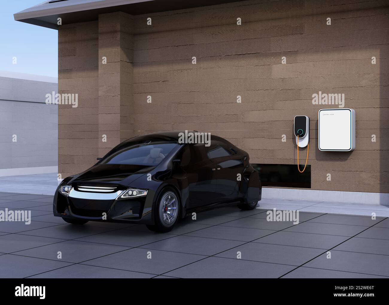 Image of black electric vehicle, wall-mounted EV charging station and ...