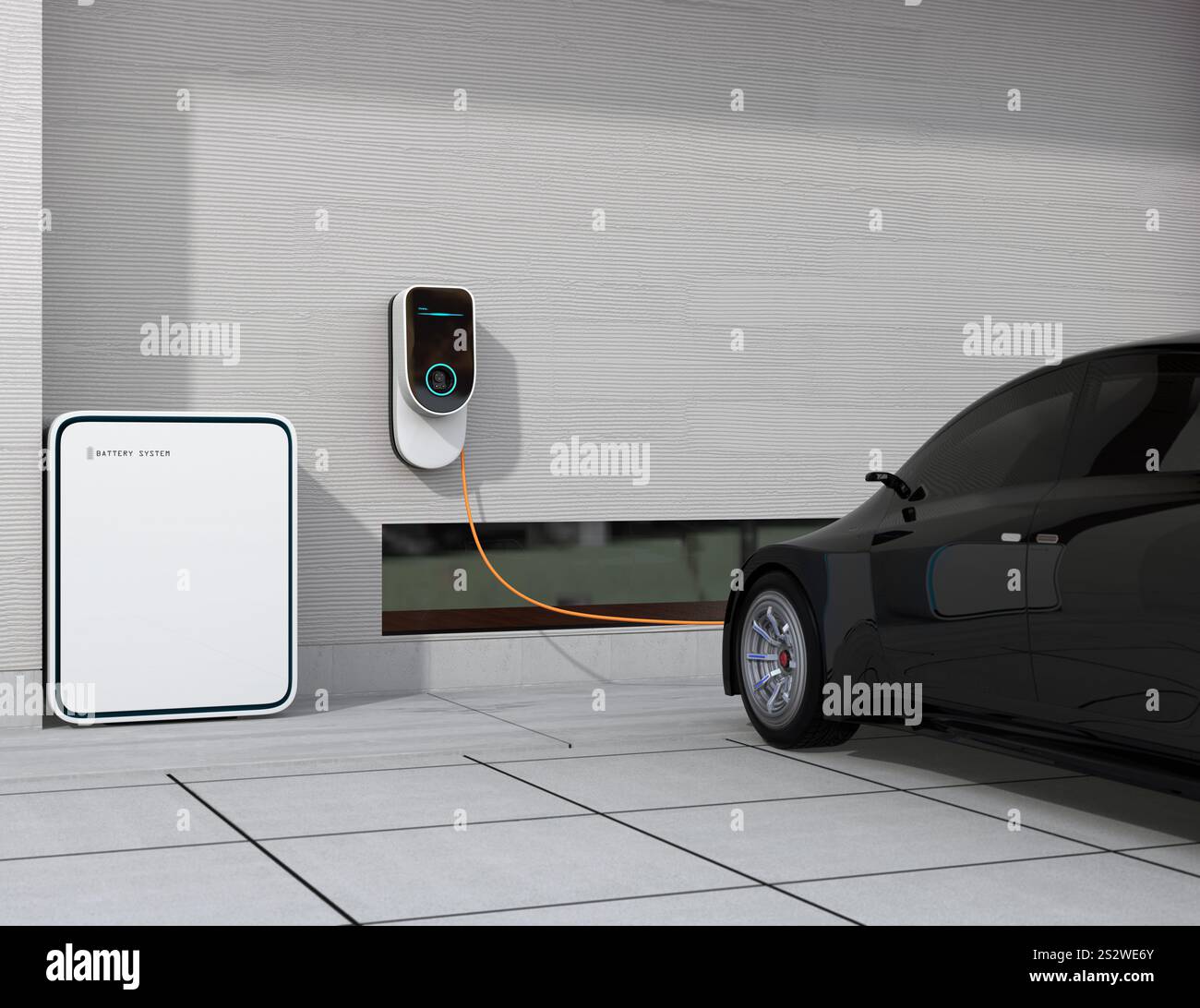 Image of black electric vehicle, wall-mounted EV charging station and ...