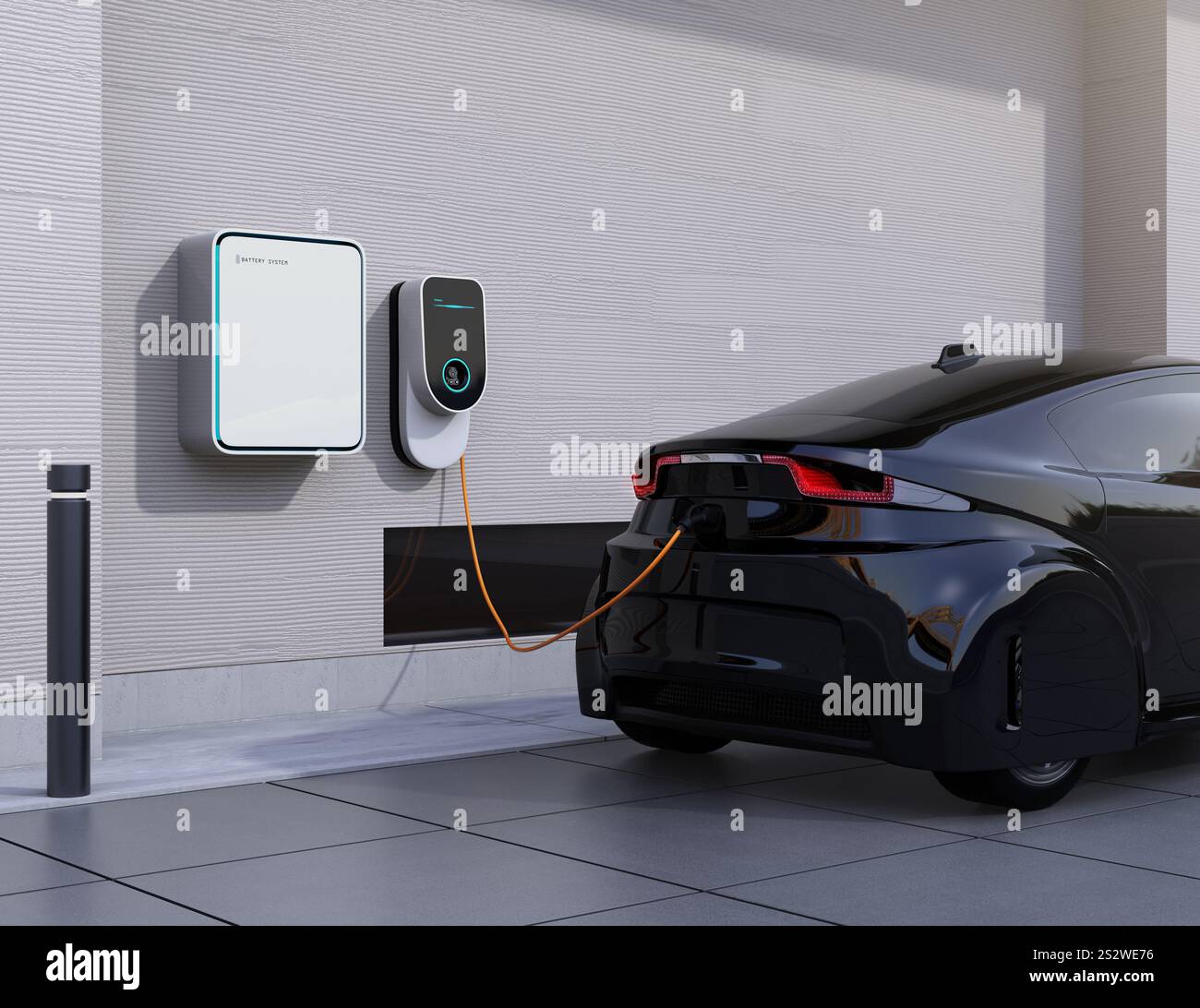 Image of black electric vehicle, wall-mounted EV charging station and ...