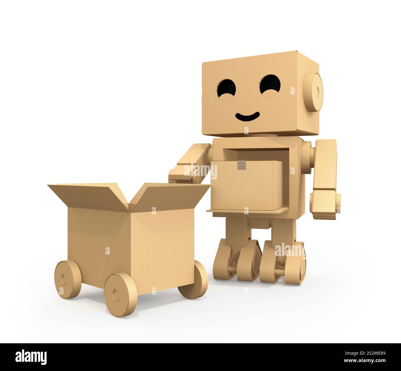 Image of a cardboard box robot carrying a package to a delivery vehicle ...