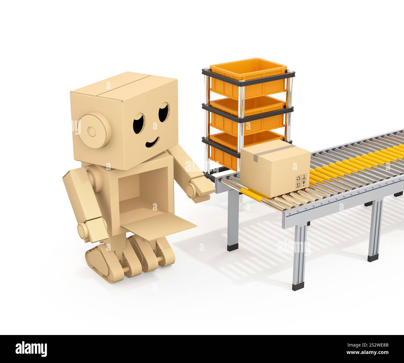 Image of a robot with a cardboard box transporting goods on a conveyor ...