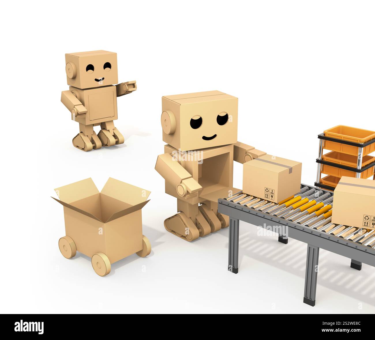 Image of a robot with a cardboard box transporting goods on a conveyor ...
