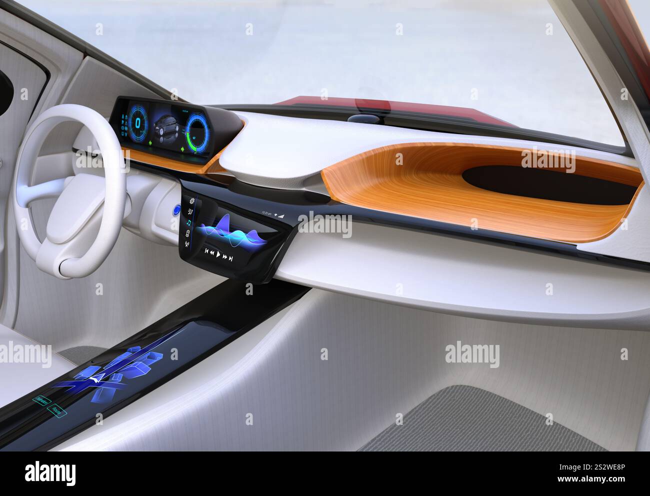 Image of the instrument panel of an automated EV vehicle. Wood-grain ...
