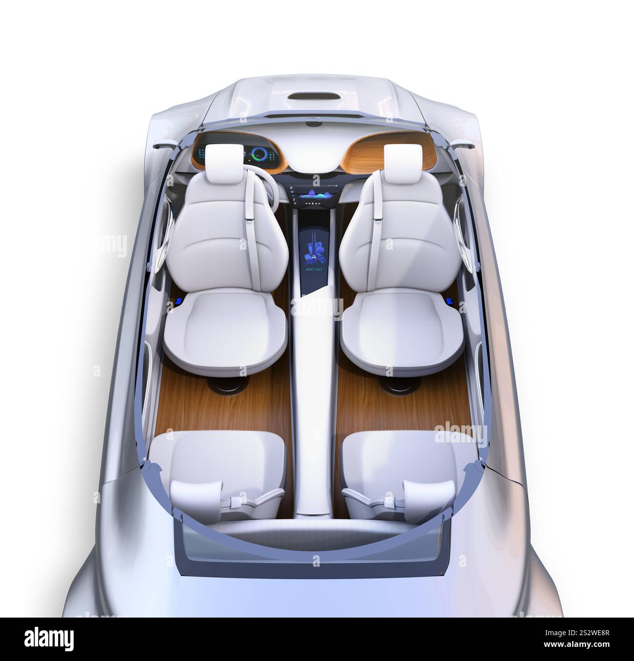 Cutaway image of an automated electric vehicle. Front row seats are ...