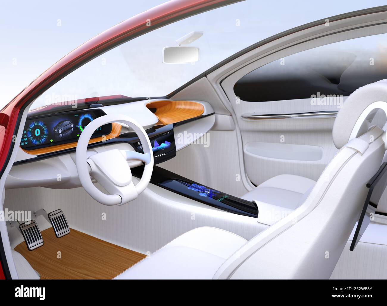 Image of the instrument panel of an automated EV vehicle. Wood-grain ...