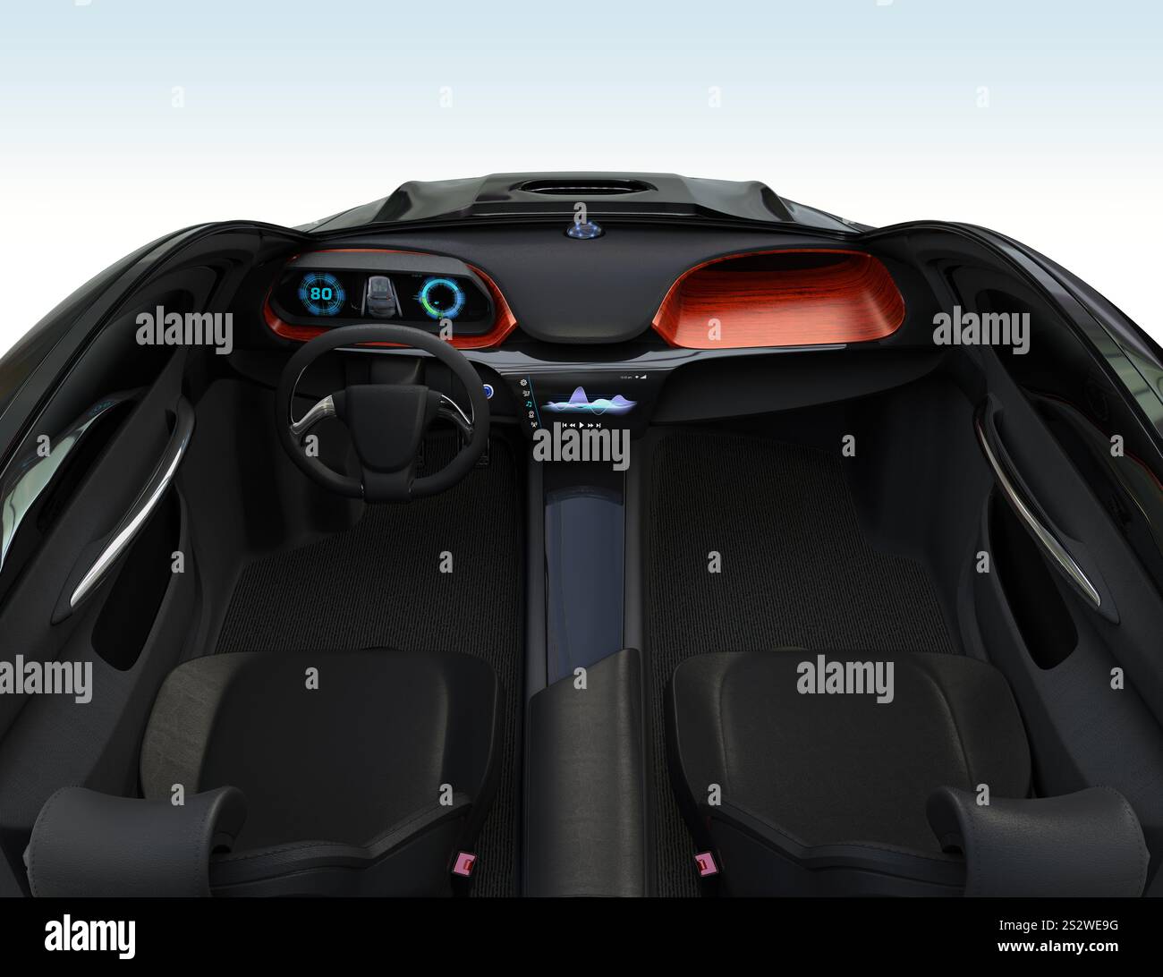 Image of the driver's seat of an automated vehicle. Music and video can ...
