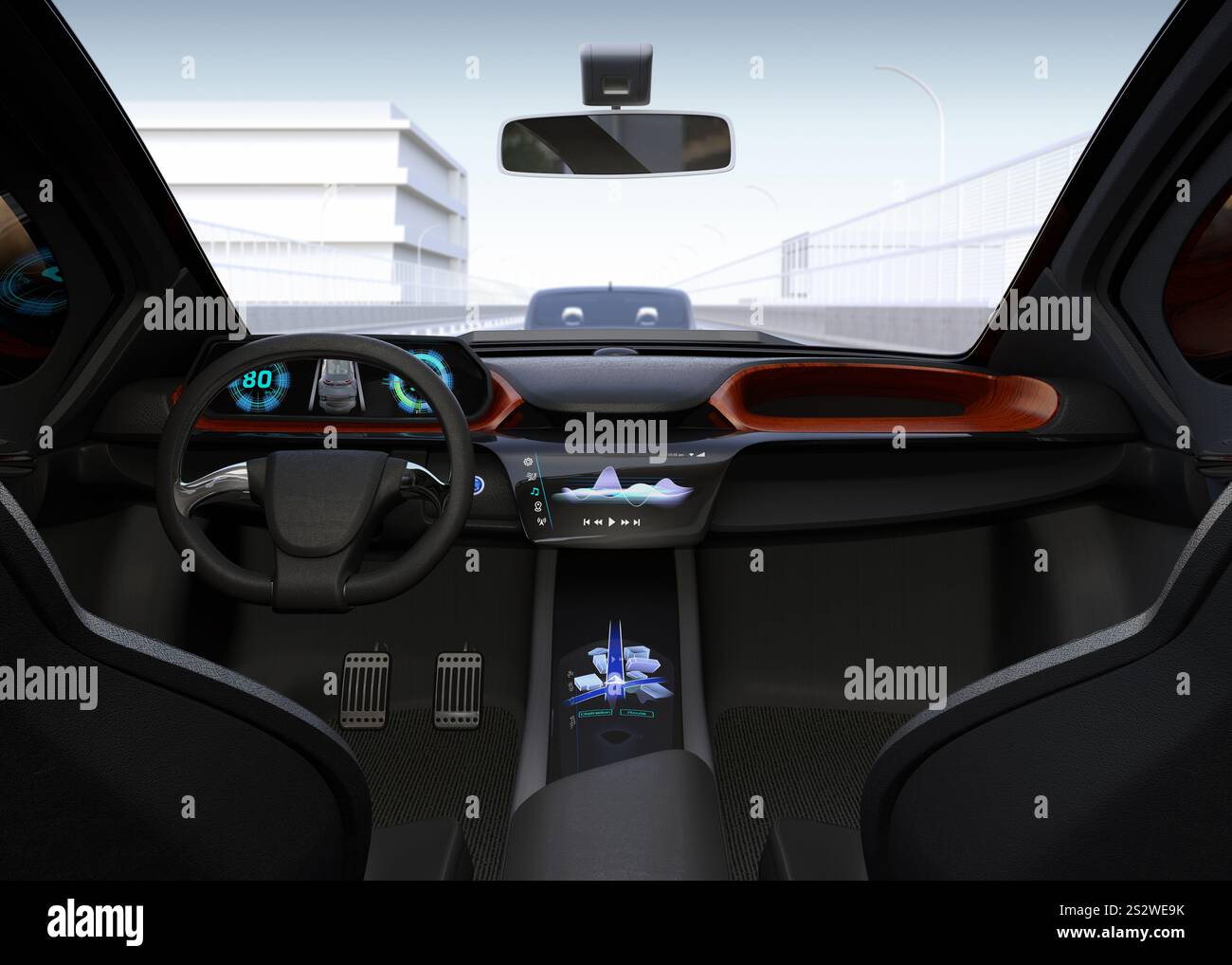 Image of the driver's seat of an automated vehicle. Music and video can ...