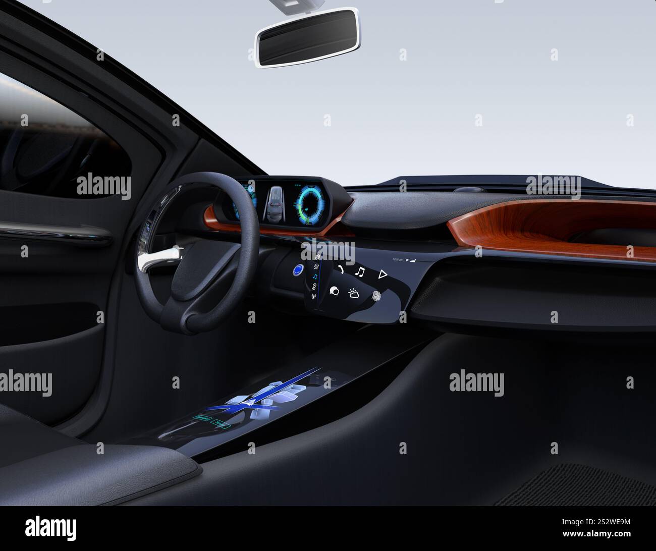 Image of the driver's seat of an automated vehicle. Music and video can ...