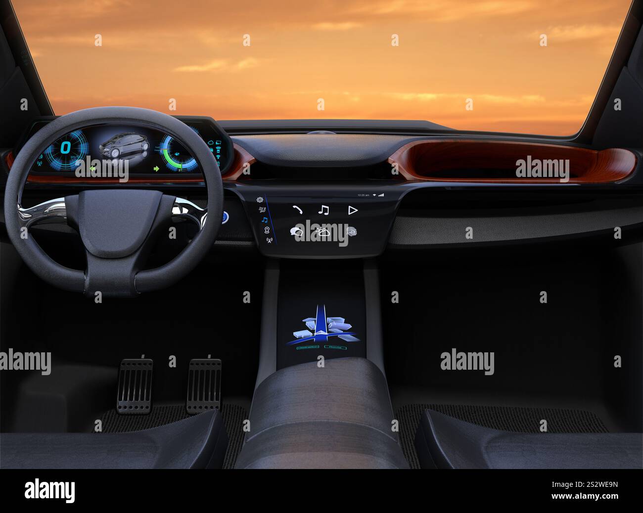 Image of the driver's seat of an automated vehicle. Music and video can ...