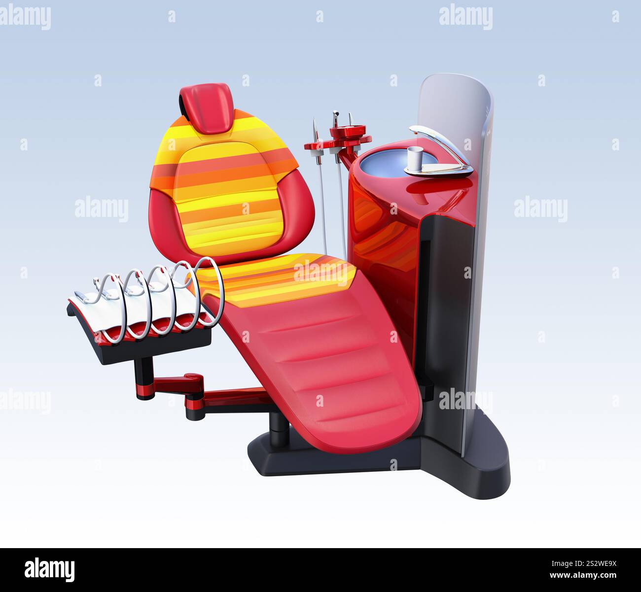 Metallic red dental unit. Frosted partitions display patient dentition ...