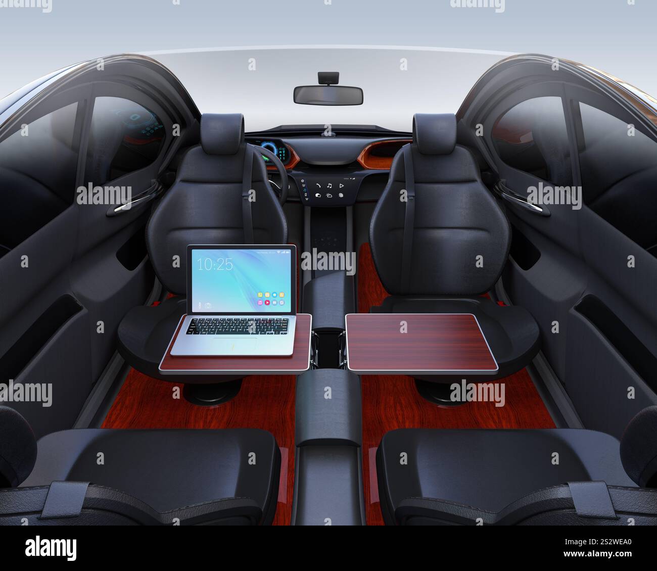 Image of the driver's seat of an automated vehicle. Music and video can ...