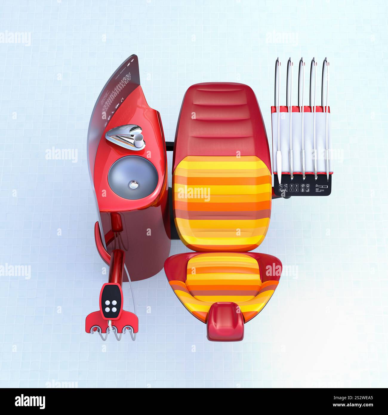 Metallic red dental unit. Frosted partitions display patient dentition ...