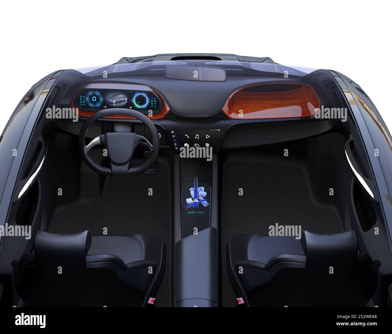 Image of the driver's seat of an automated vehicle. Music and video can ...
