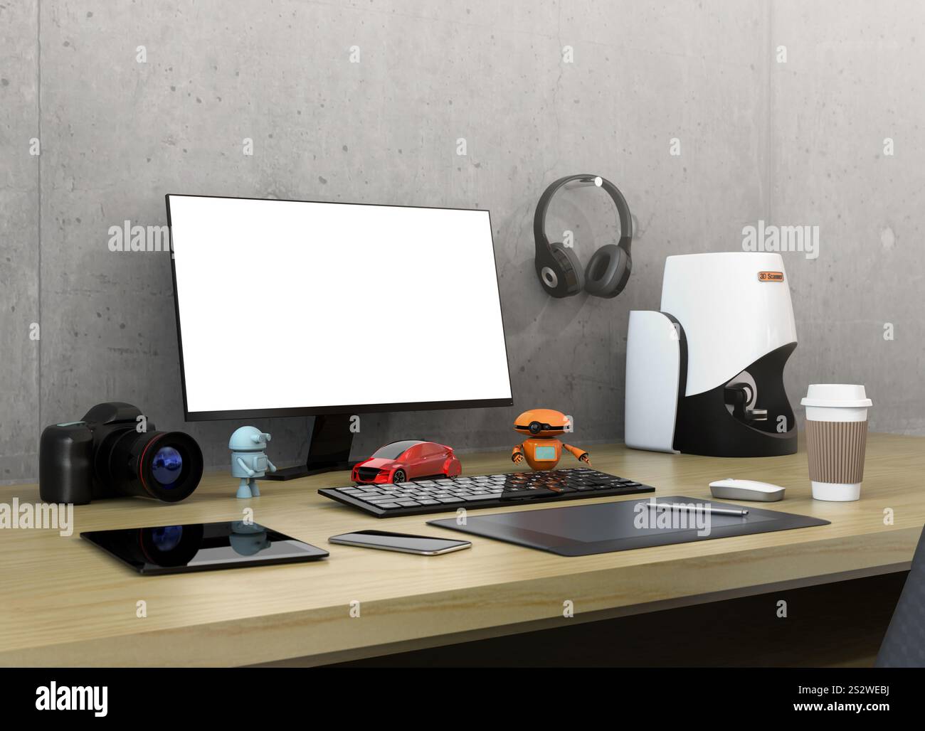 Monitor with copy space and 3D scanner, SLR, product designer's ...