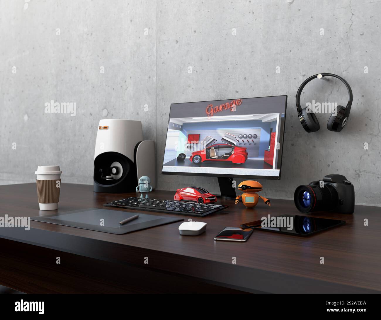 Monitor, 3D scanner, board tabs, smartphone and SLR on a desk. Product ...