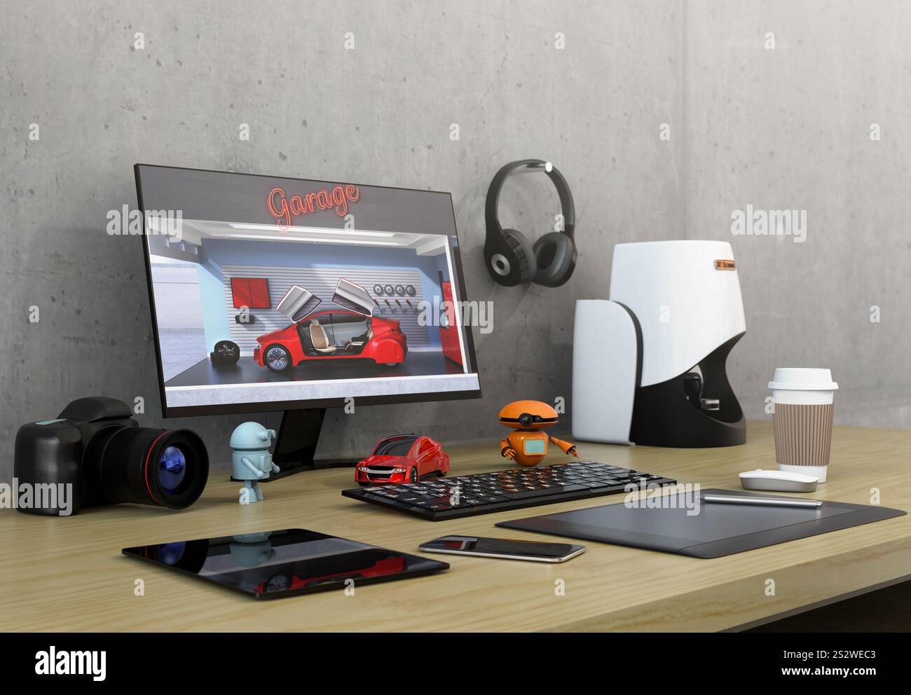 Monitor, 3D scanner, board tab, smartphone and SLR on a desk. Product ...