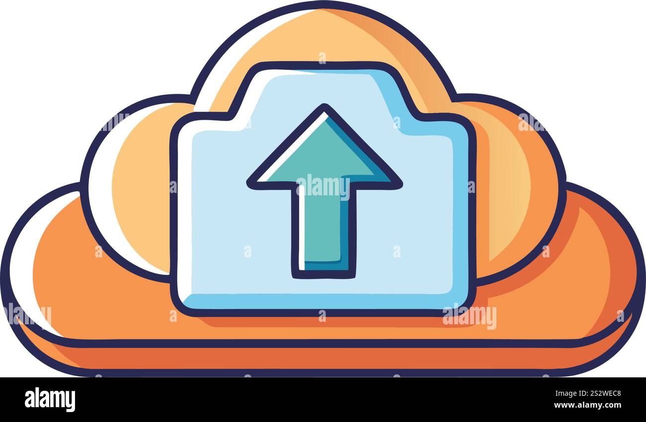 cartoon upload icon with cloud and upward arrow, vibrant colors, and ...