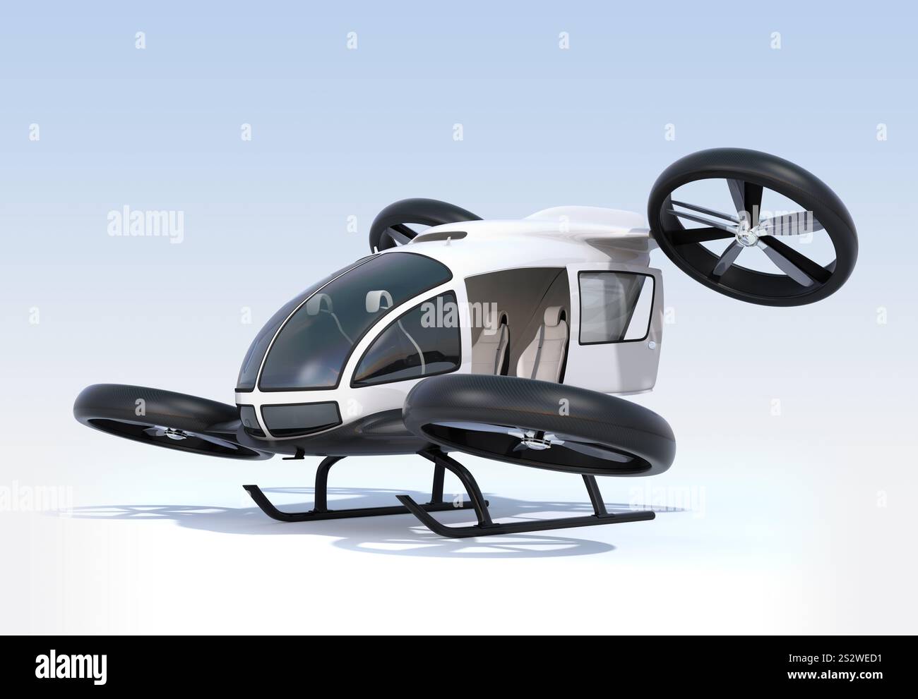 Image of a white self-driving drone taxi waiting with its doors open ...