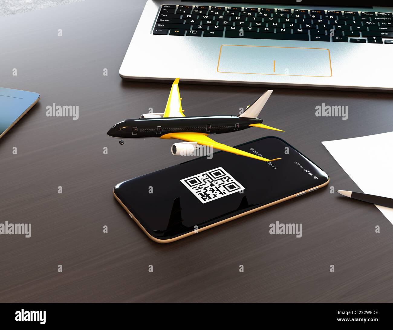 An aeroplane takes off from a smartphone on a tabletop. Mobile check-in ...