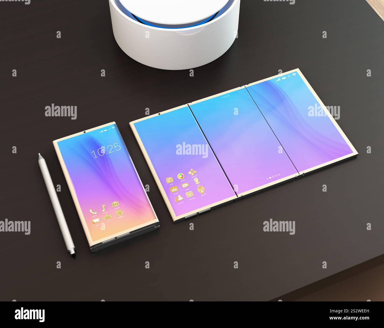 Smartphone, tablet, stylus and voice assistant device on tabletop Stock ...