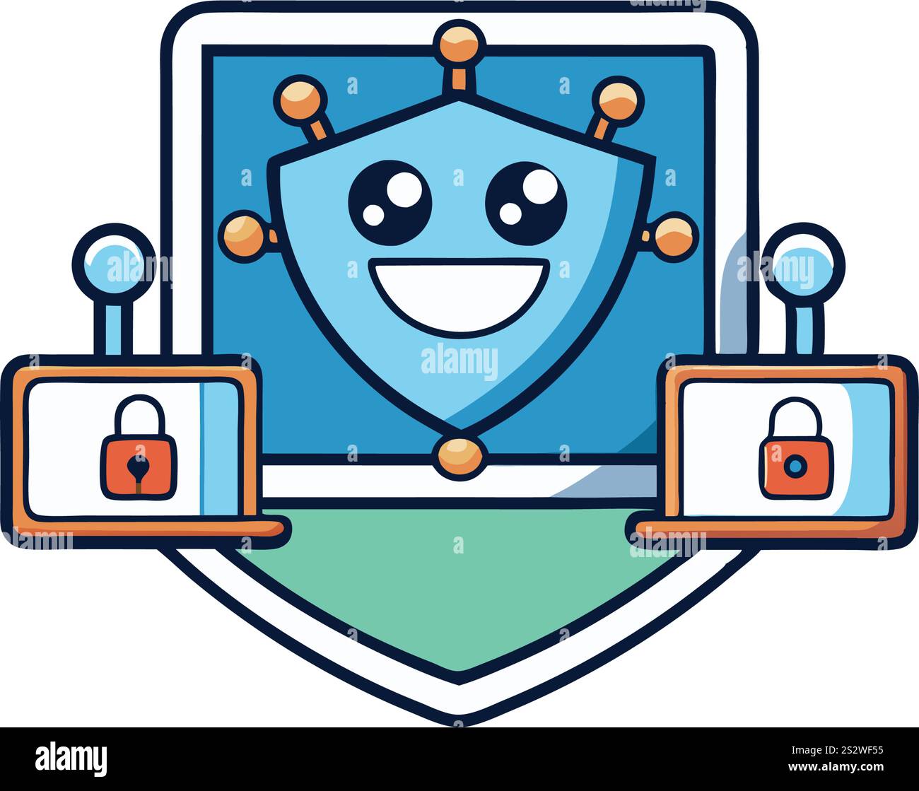 colorful vpn icon with happy shield mascot, digital globe, and secure ...