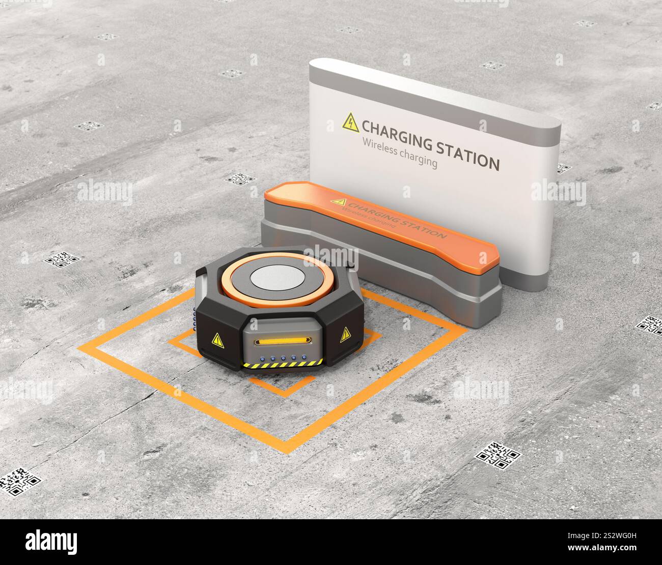 Black automatic transport robot charging on a wireless charging station ...