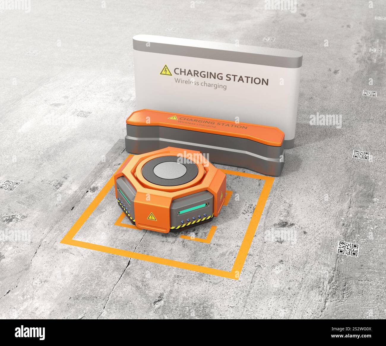 Orange automatic transport robot charging on a wireless charging ...