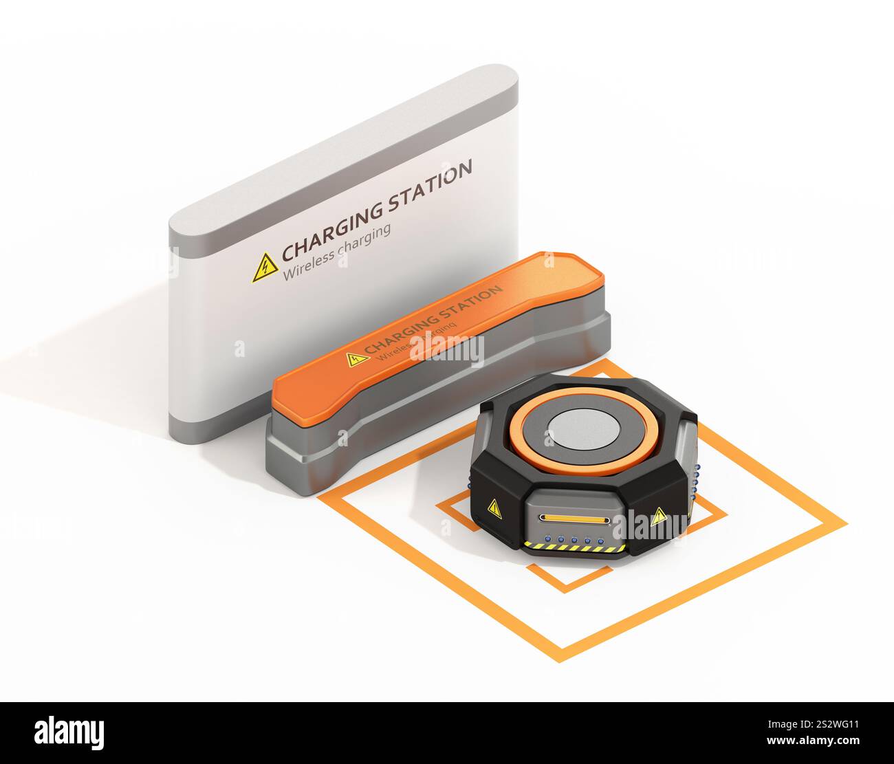 Black automatic transport robot charging on a wireless charging station ...