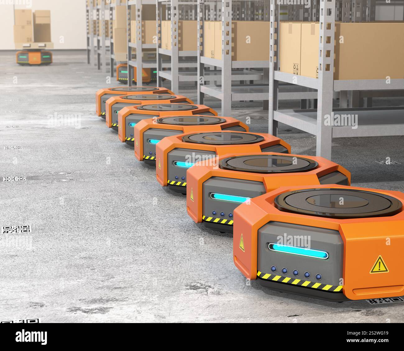 Automatic transport robots on standby at a logistics centre. Logistics ...