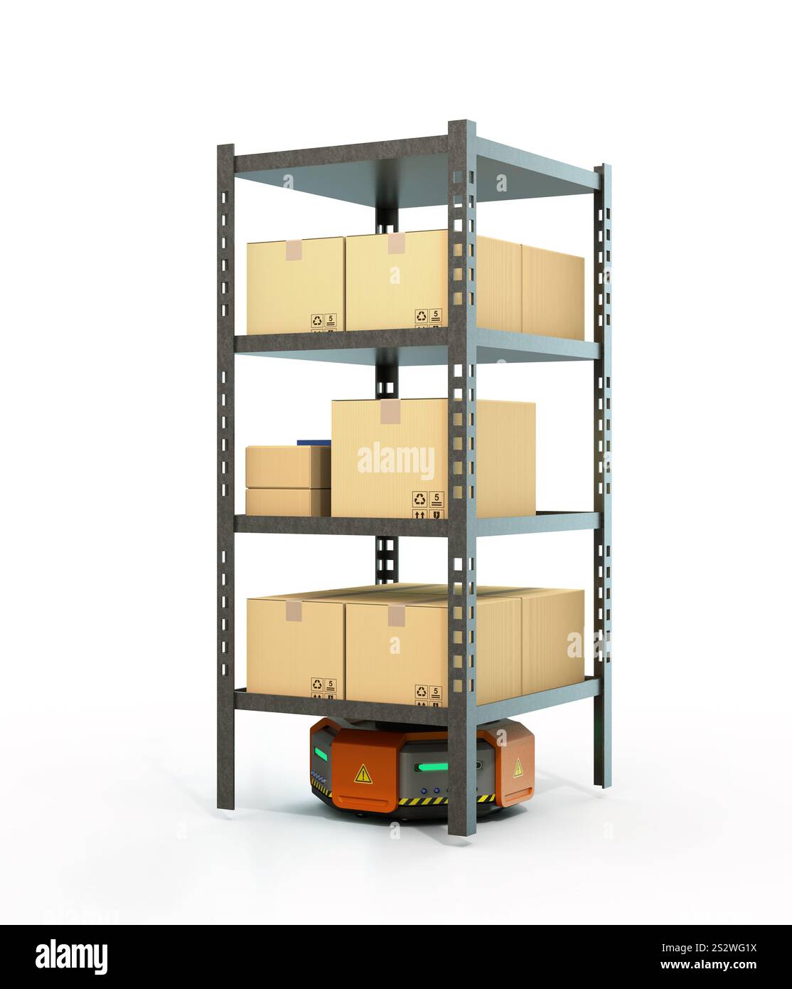 Orange robot carrying a product shelf. Concept of a logistics support ...