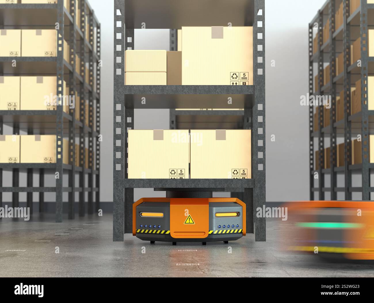 Orange robot carrying a product shelf. Concept of a logistics support ...