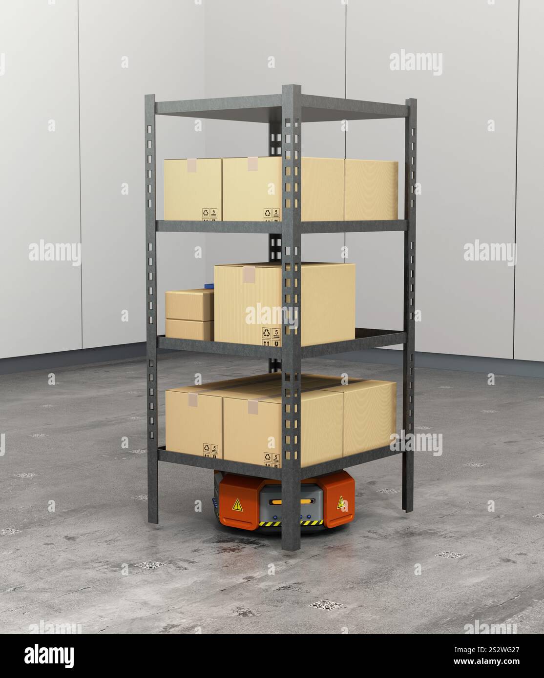 Orange robot carrying a product shelf. Concept of a logistics support ...