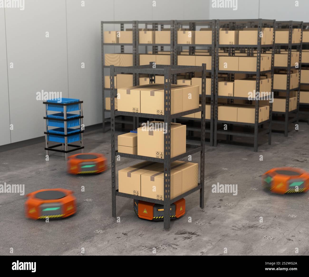Orange robot carrying a product shelf. Concept of a logistics support ...