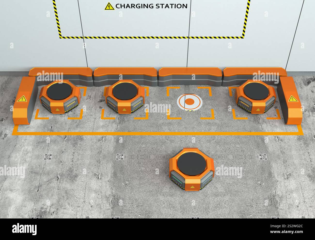 Orange logistics transport support robot charging on a wireless ...