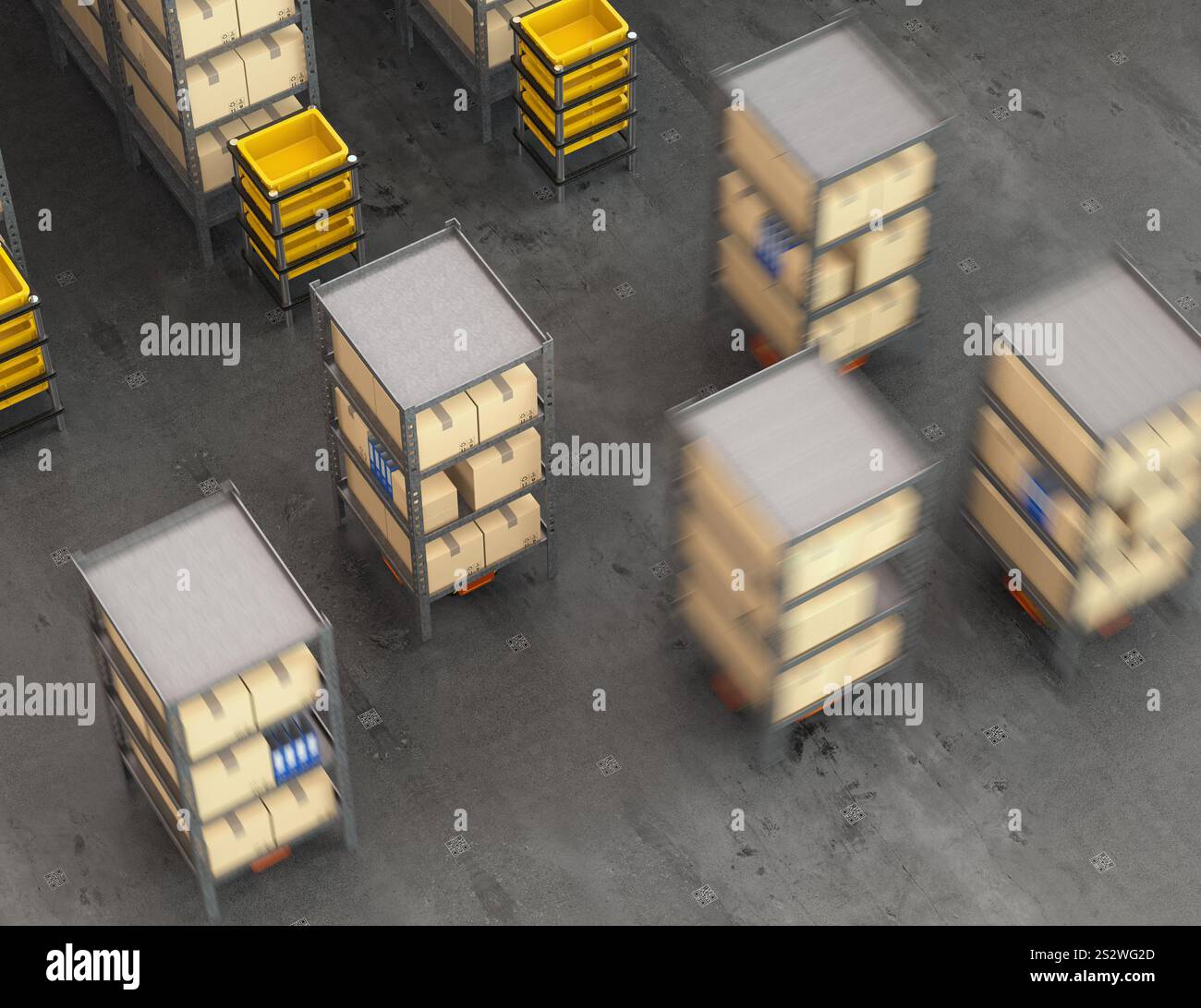 Orange robot carrying a product shelf. Concept of a logistics support ...