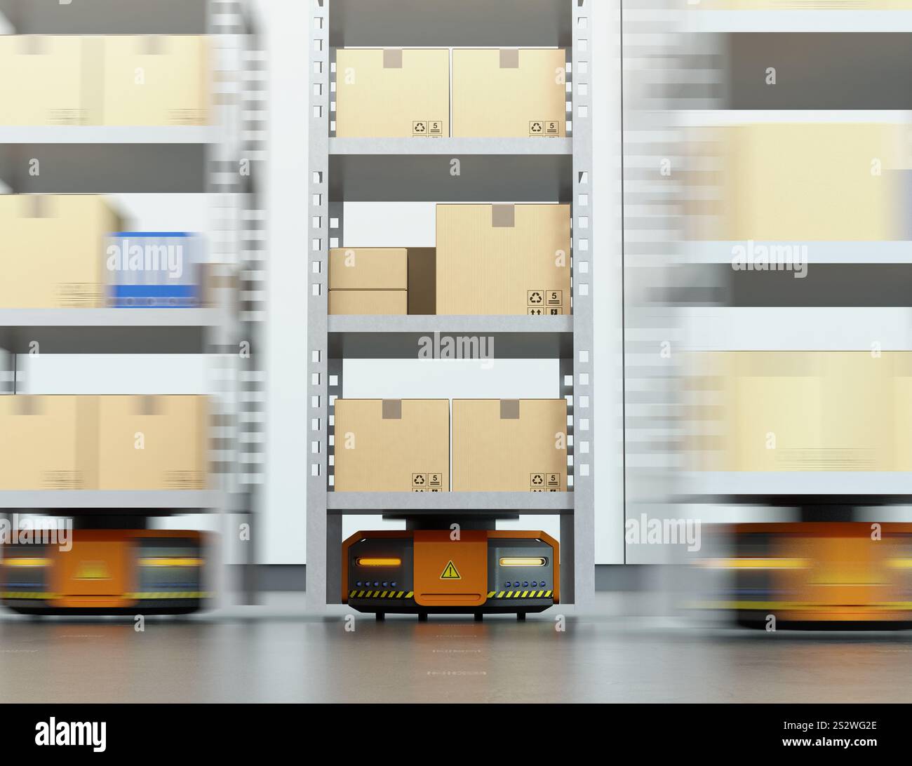 Orange robot carrying a product shelf. Concept of a logistics support ...