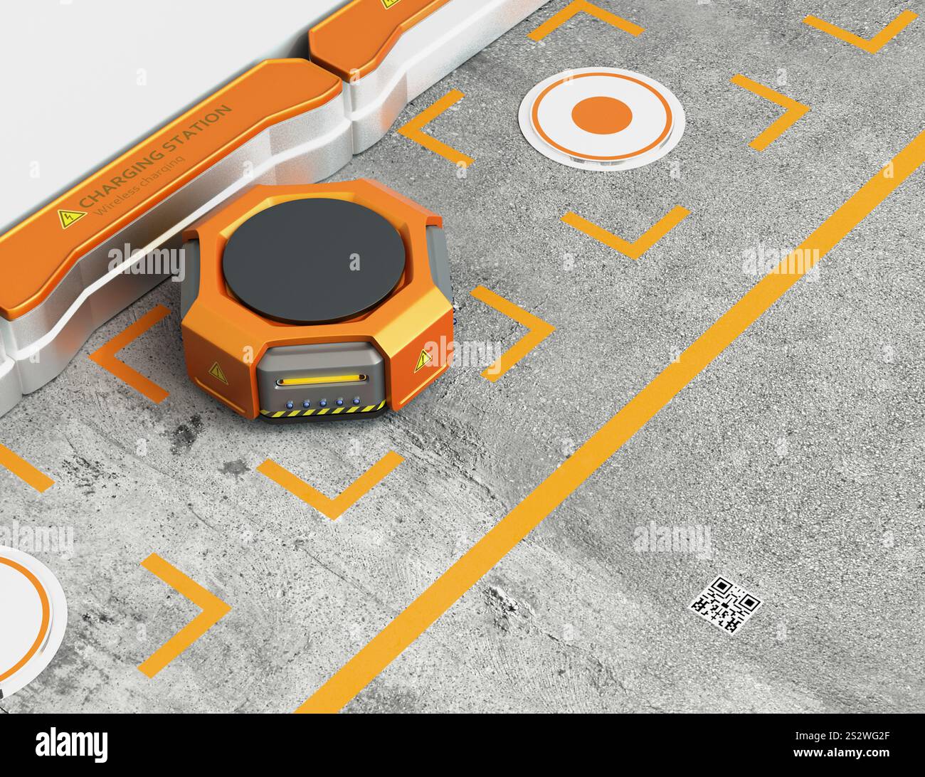 Orange logistics transport support robot charging on a wireless ...