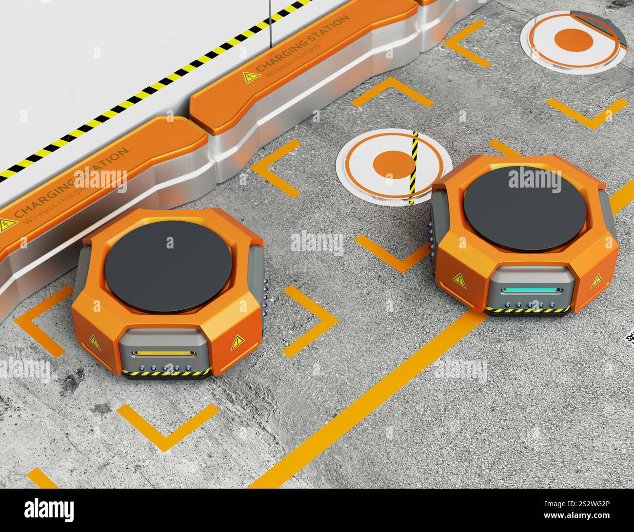 Orange logistics transport support robot charging on a wireless ...