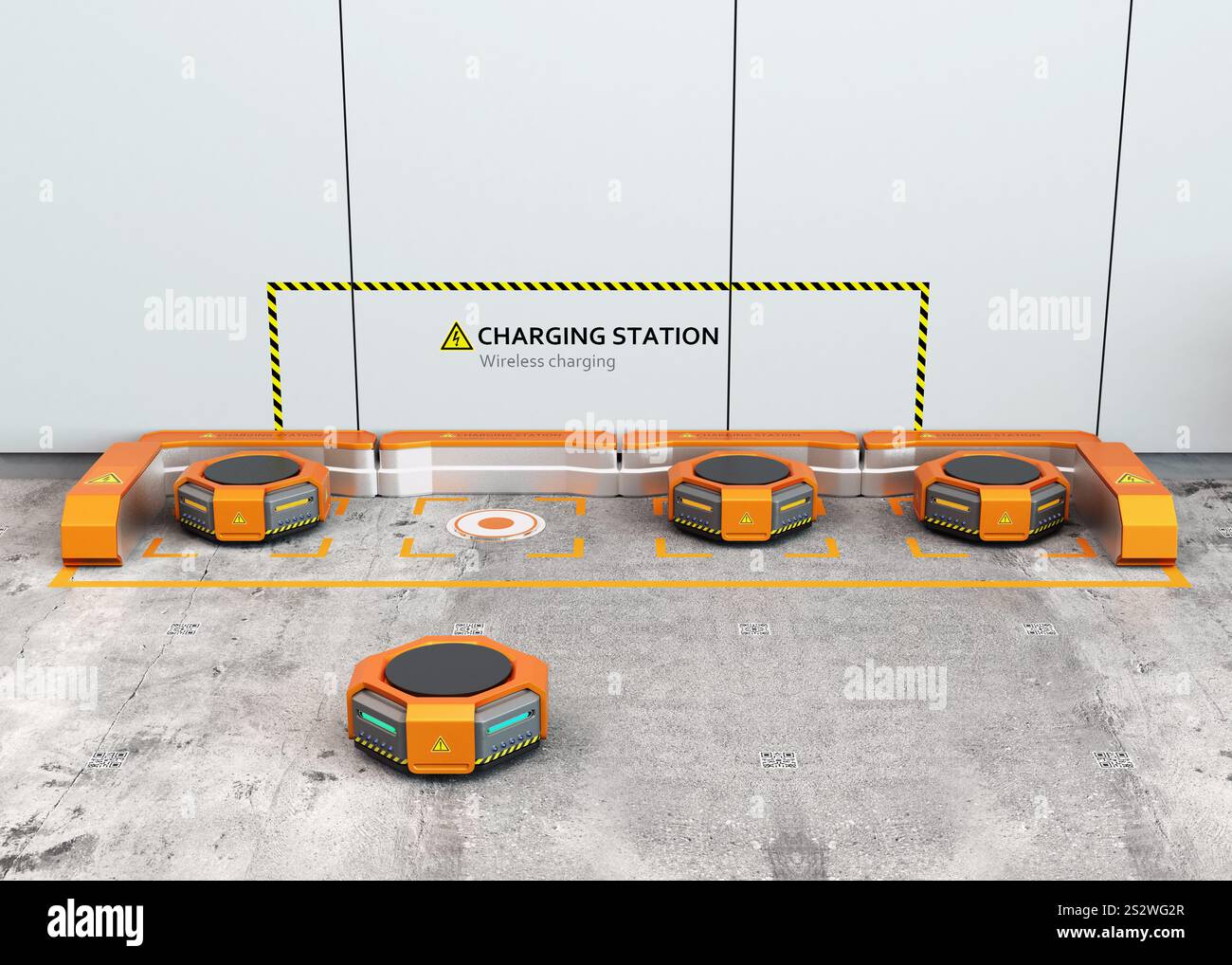 Orange logistics transport support robot charging on a wireless ...