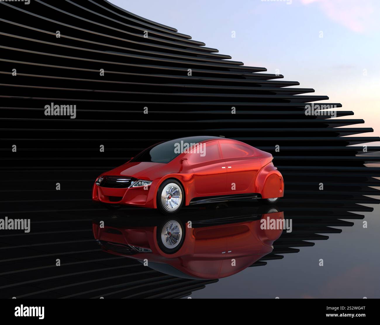 Red electric car parked in front of black background Stock Photo - Alamy