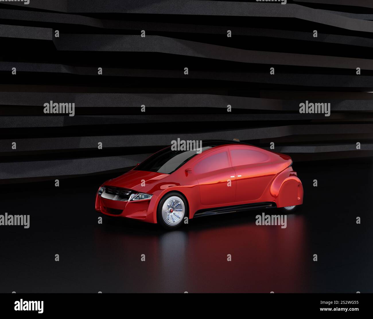 Electric car painted metallic red in front of black background Stock ...