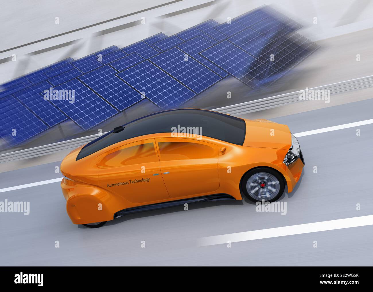 Automated electric vehicle travelling on a motorway. Solar cells are ...