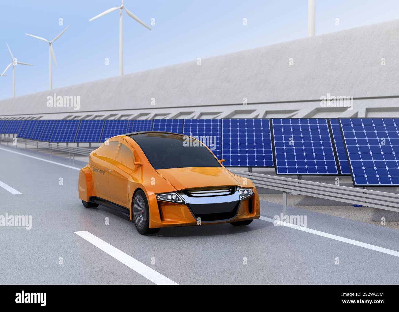 Automated electric vehicle travelling on a motorway. Solar cells are ...