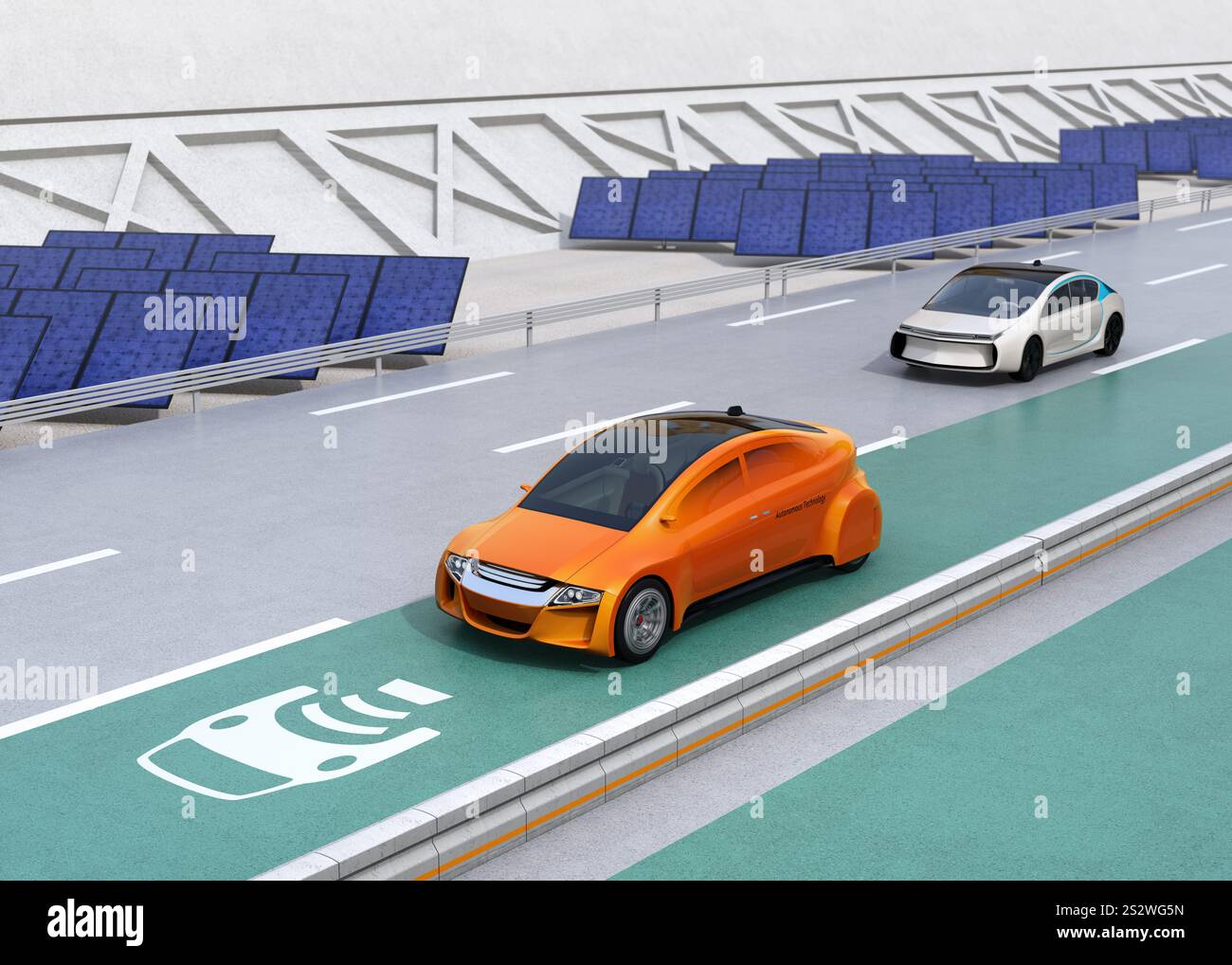 Automated electric vehicle travelling on a motorway. Solar cells are ...