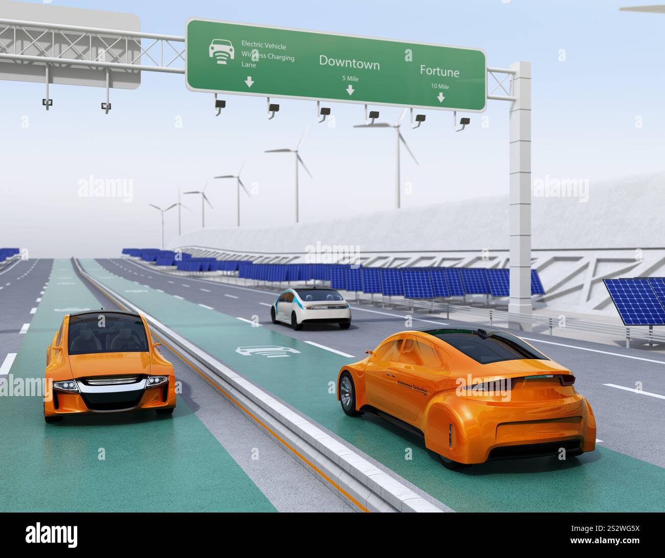 An electric vehicle travelling on a priority lane for non-contact ...