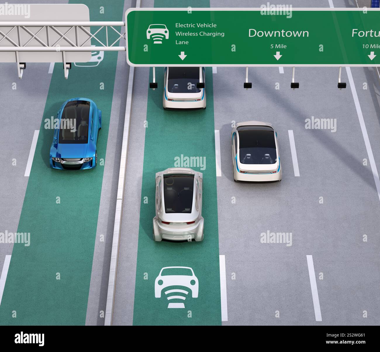 Electric vehicle travelling on a priority lane for non-contact charging ...